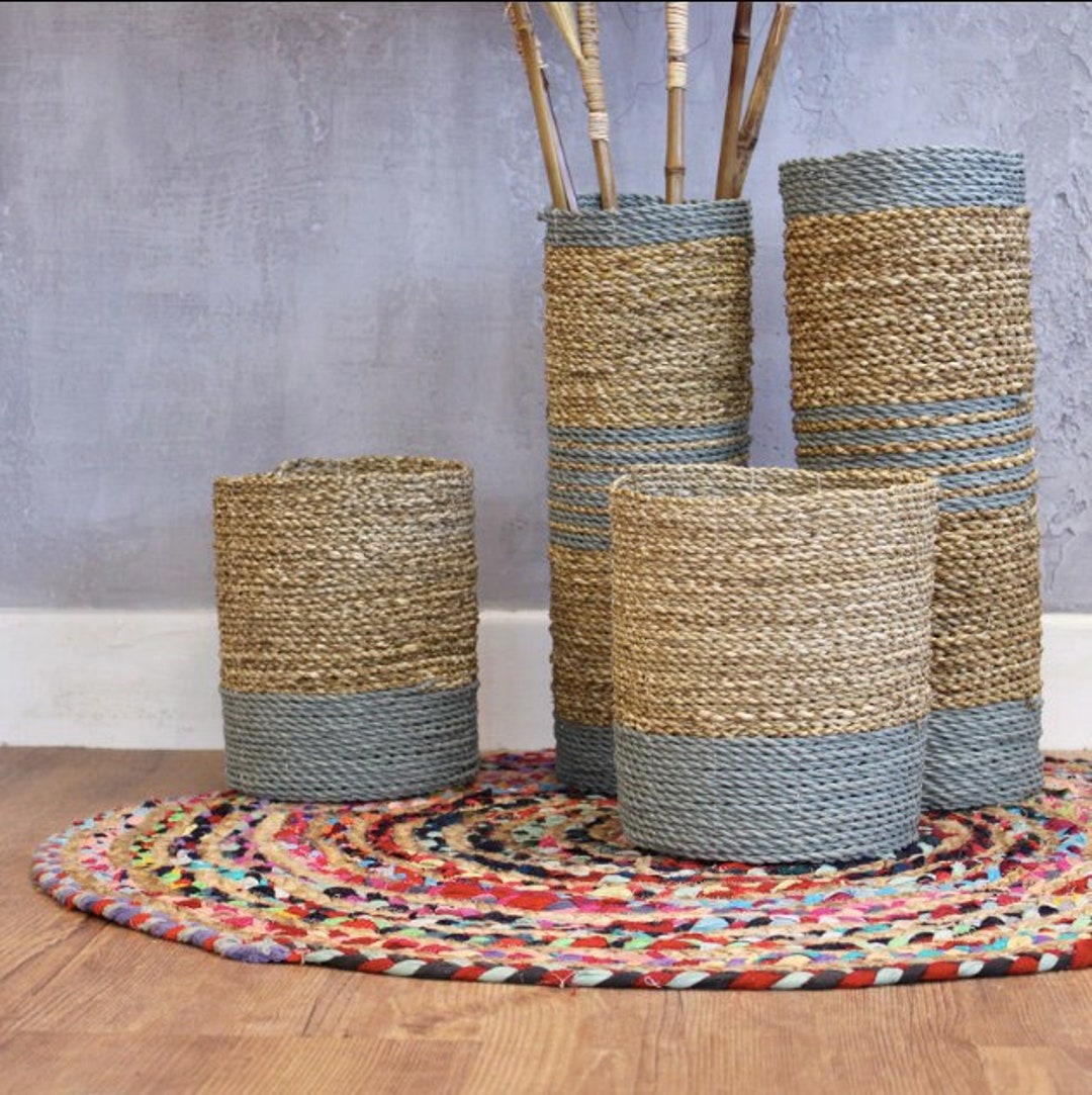 Seagrass Vase & Bin Set Black and Rattan Vase Wicker Vase - Etsy
