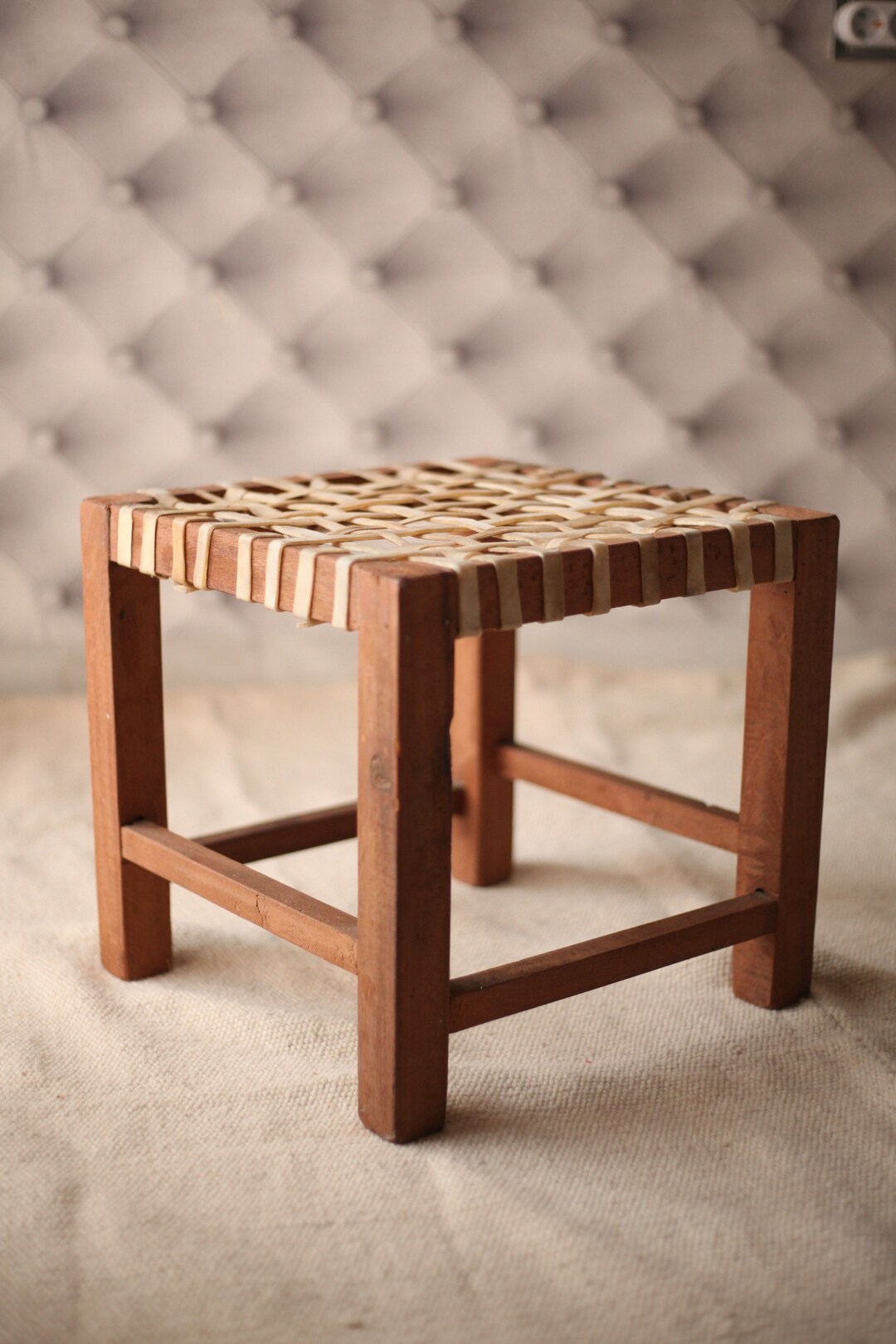 Woven Leather Stool, Solid Wood and Leather Stool, Braided Leather ...