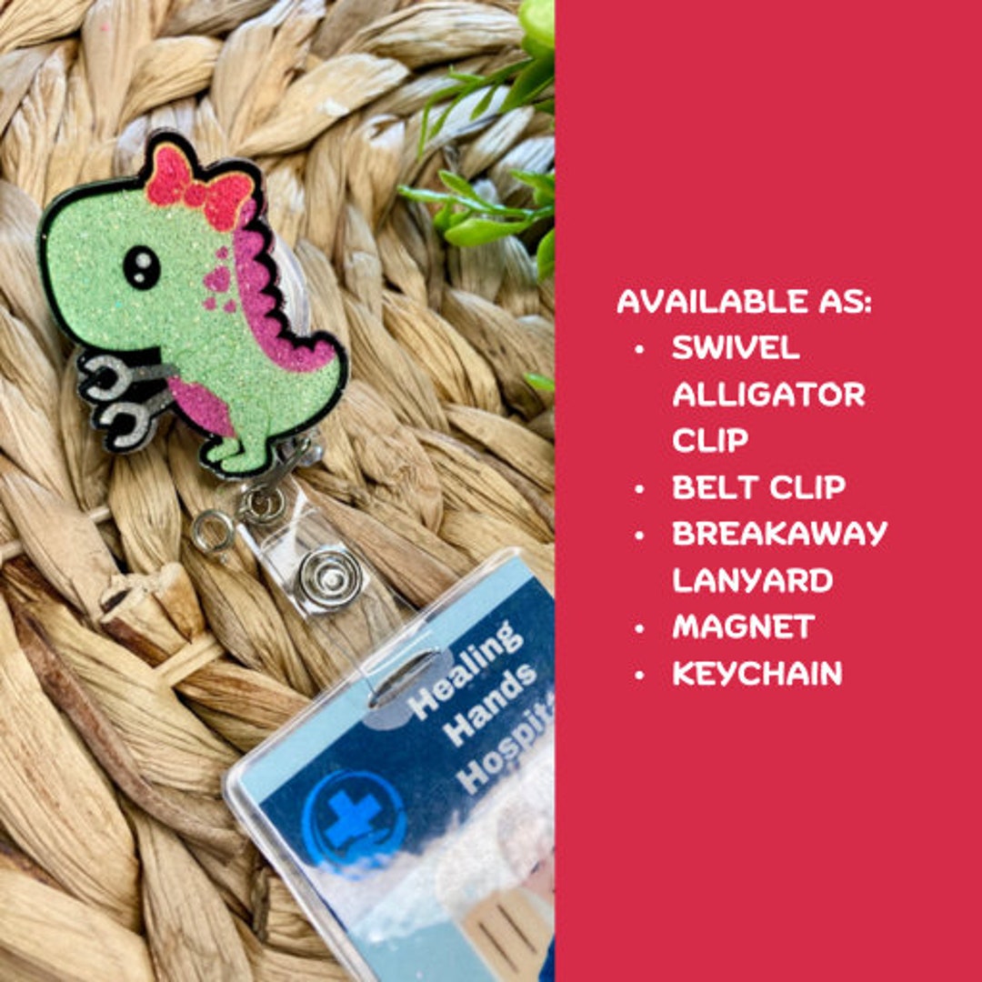 T-rex Badge Reel With Arm Extenders, Acrylic Epoxy Design, Glitter ...