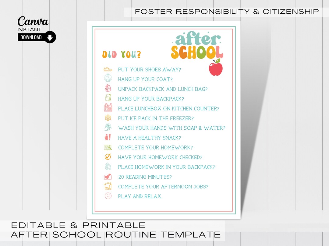 Printable After School Checklist Editable After School - Etsy