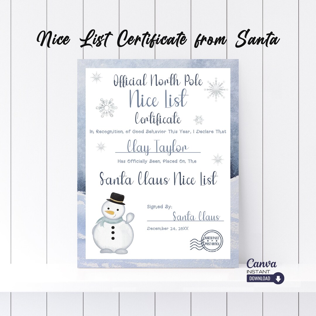 Editable Santa Certificate, Santa Nice List Certificate, Printable ...