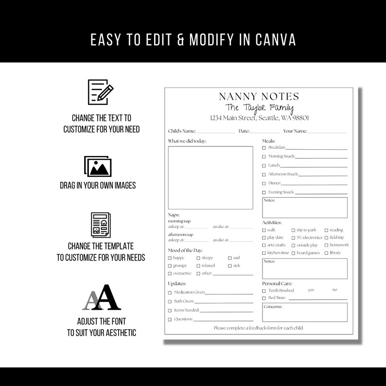 Nanny Notes, Editable Babysitter Notes, Printable Nanny Log, Babysitter ...