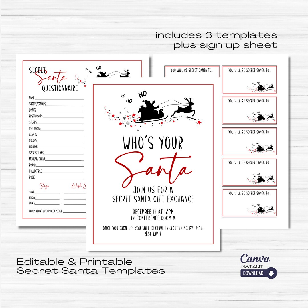 Editable Secret Santa Kit: Questionnaire, Sign-up, Assignment Cards ...