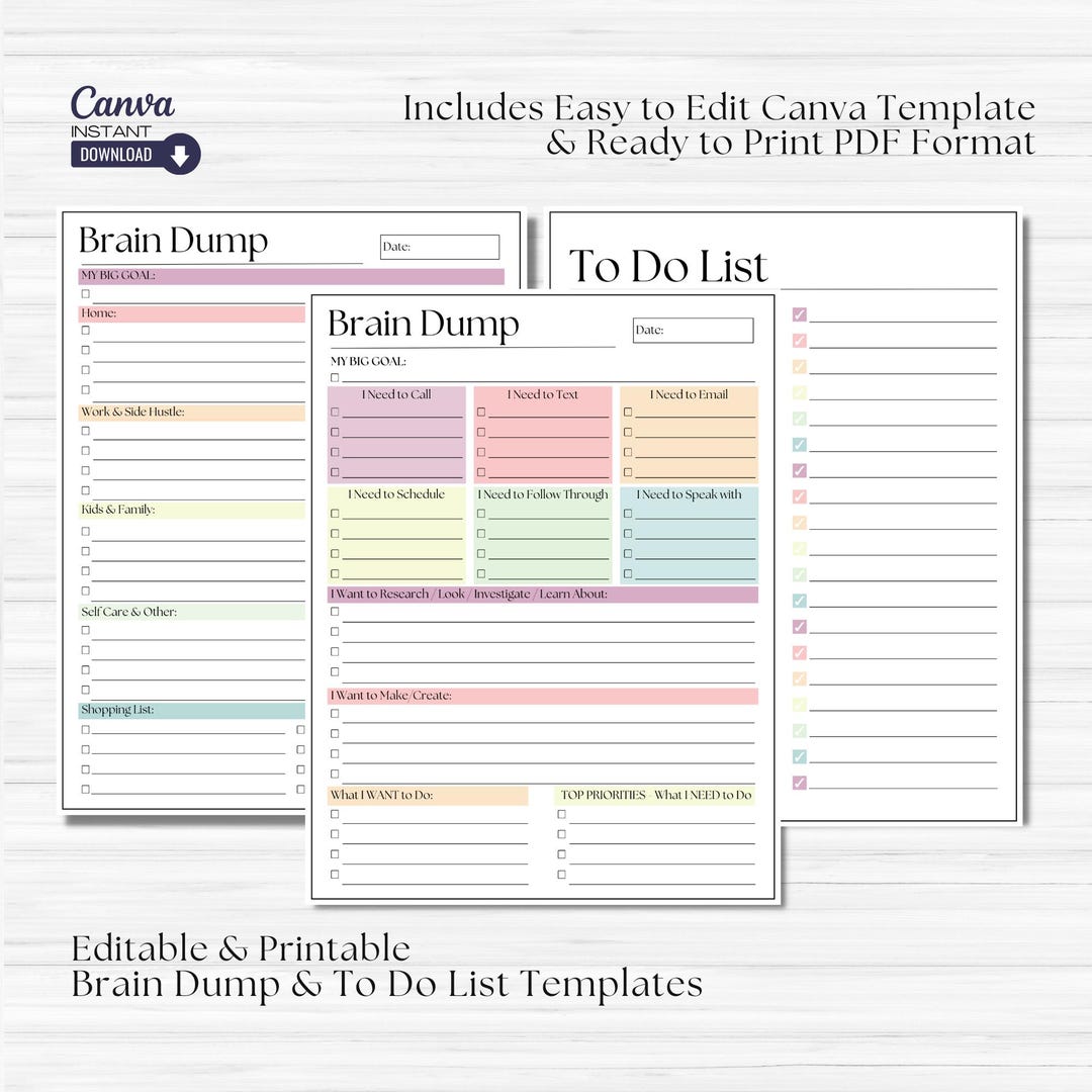 Editable ADHD Brain Dump Printable, ADHD Planner, to Do List Template ...