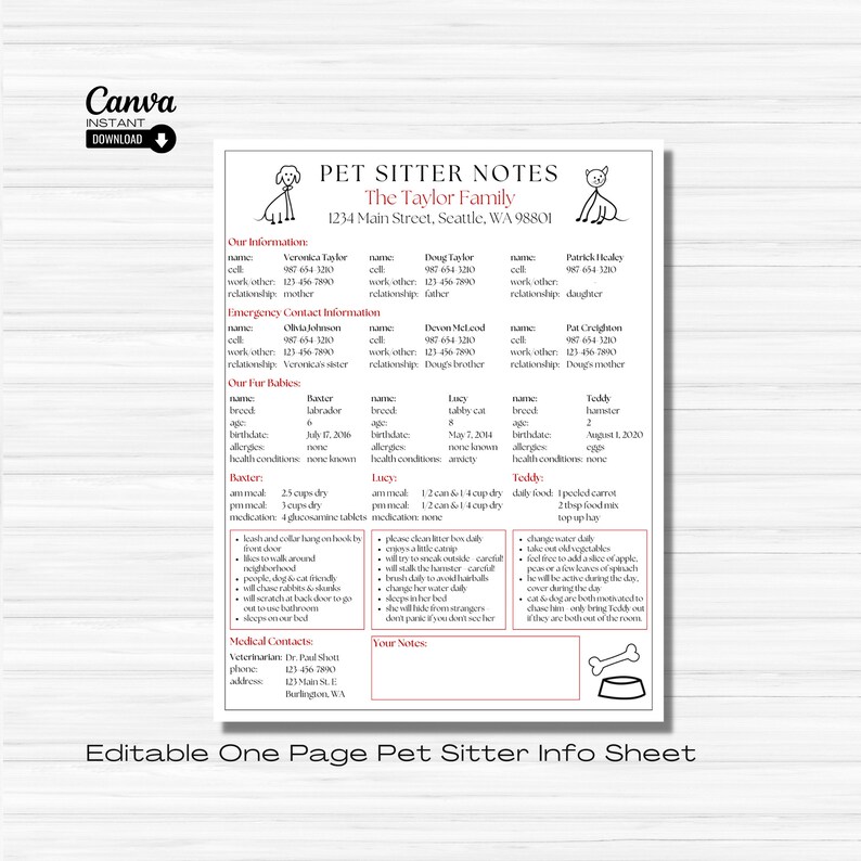 Editable Pet Sitter Notes Sheet, Printable Pet Sitter Plan, Pet ...
