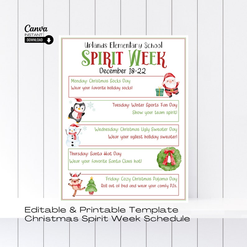 Christmas School Spirit Week Flyer: Editable Holiday Schedule (digital ...