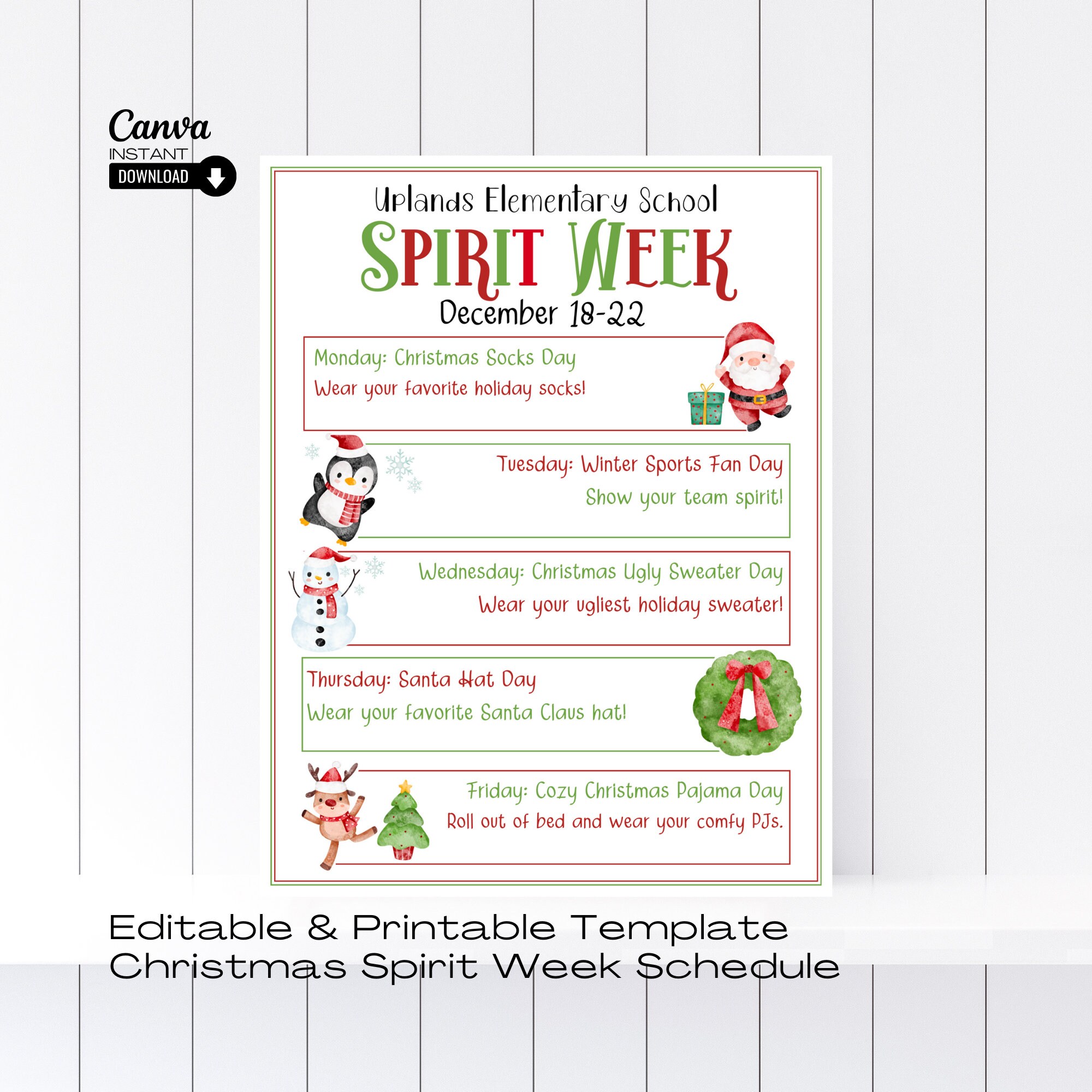 Christmas School Spirit Week Flyer: Editable Holiday Schedule (digital ...