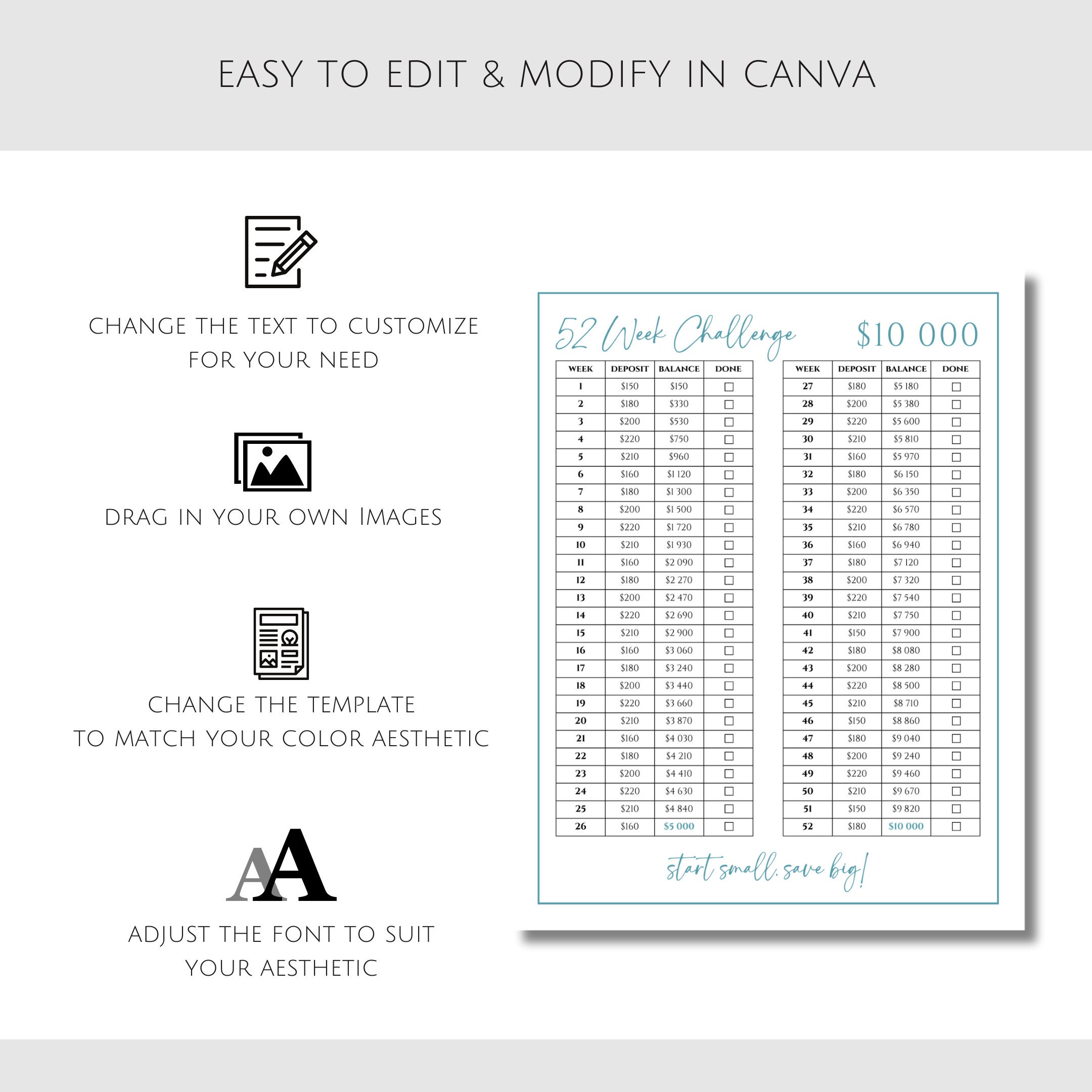 Editable 52 Week Savings Challenge Template, Printable Budgeting ...