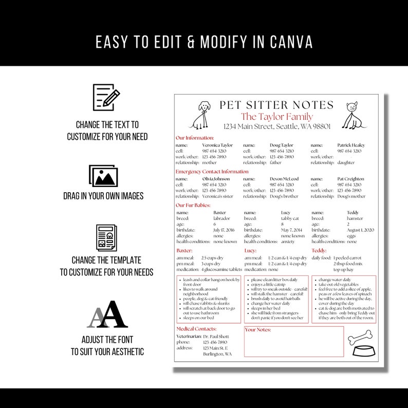 Editable Pet Sitter Notes Sheet, Printable Pet Sitter Plan, Pet ...