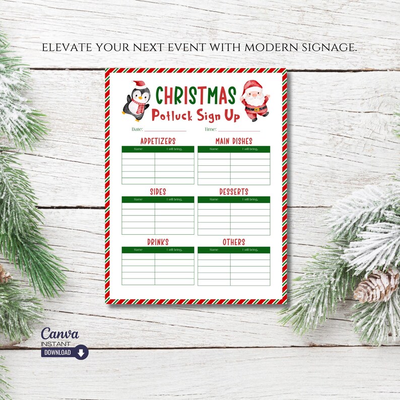 Editable Christmas Potluck Sign up Sheet Template, Printable Holiday ...