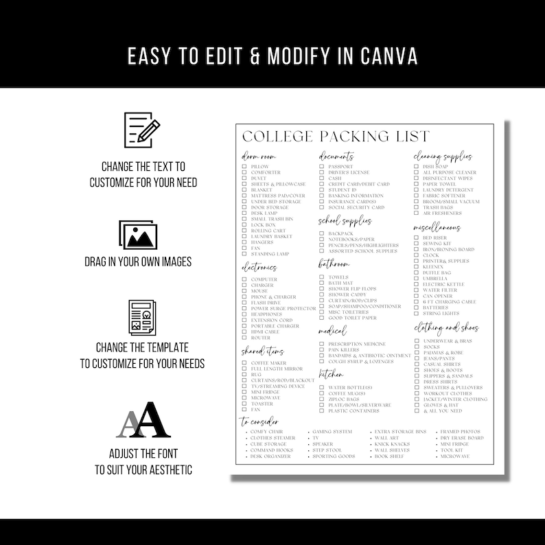 Editable College Packing List: Printable Dorm Essentials Checklist ...