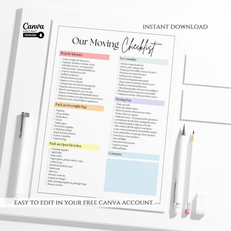Editable Moving Checklist, Printable Moving Planner, Relocation to Do ...