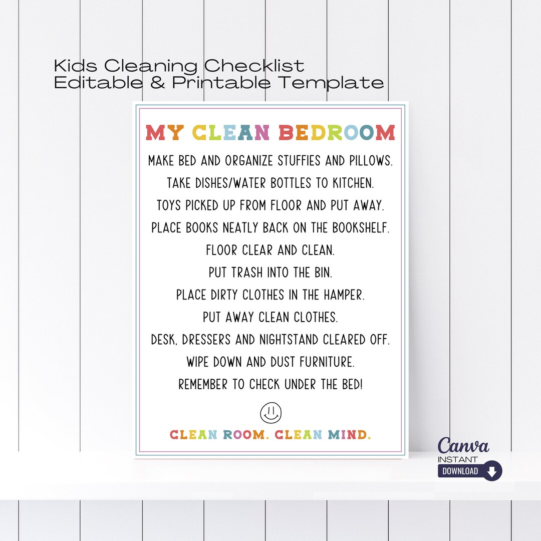 Editable Kids Room Cleaning List Template, Printable Kids Room Chore ...
