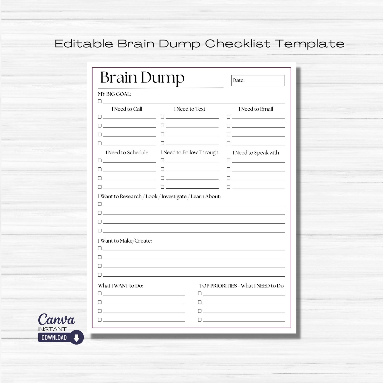 Editable ADHD Brain Dump Printable, ADHD Planner, to Do List Template ...