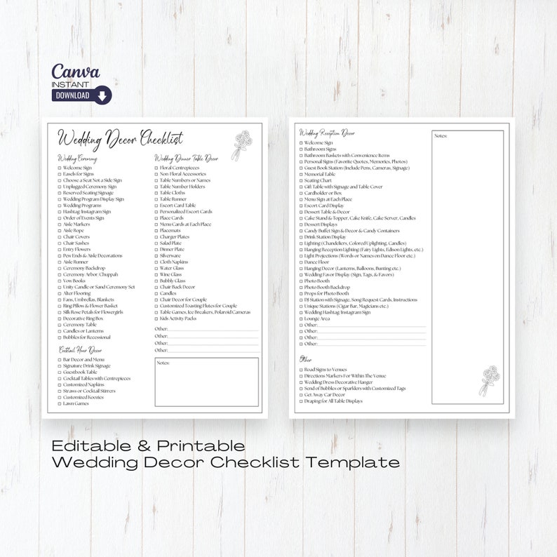 Editable Wedding Decor Checklist Template, Printable Wedding Checklist ...
