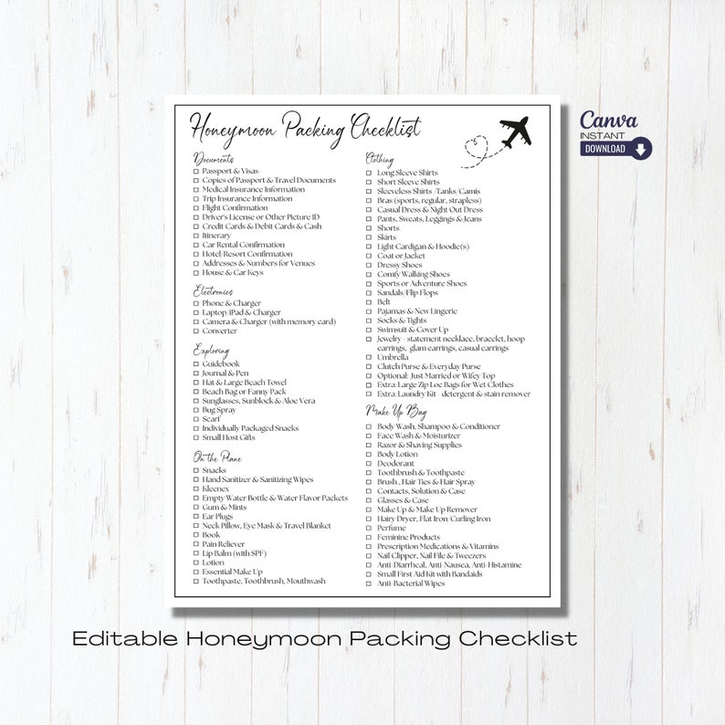 Editable Honeymoon Packing List Template Printable Honeymoon Planner