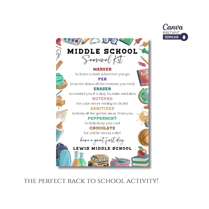 Editable Middle School Survival Kit Template, Printable Student ...