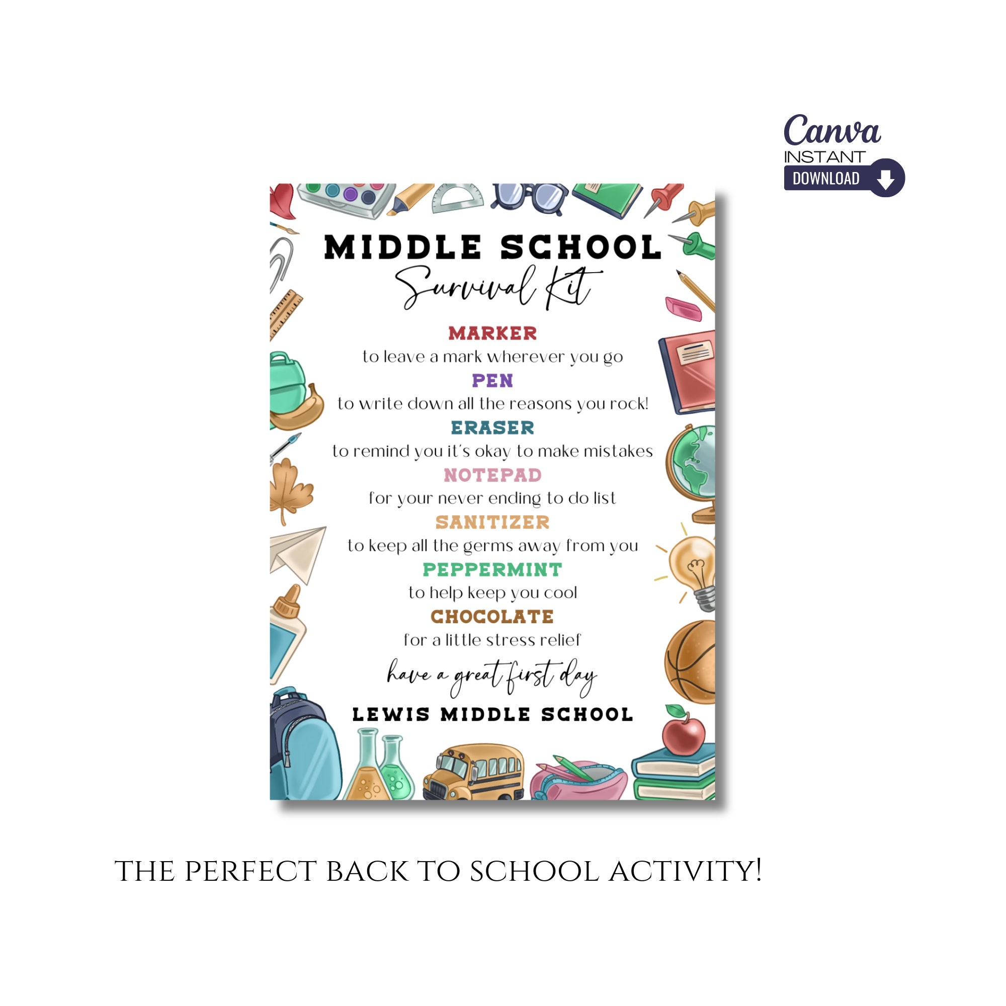 Middle School Survival Kit Template: Printable Back to School Activity ...