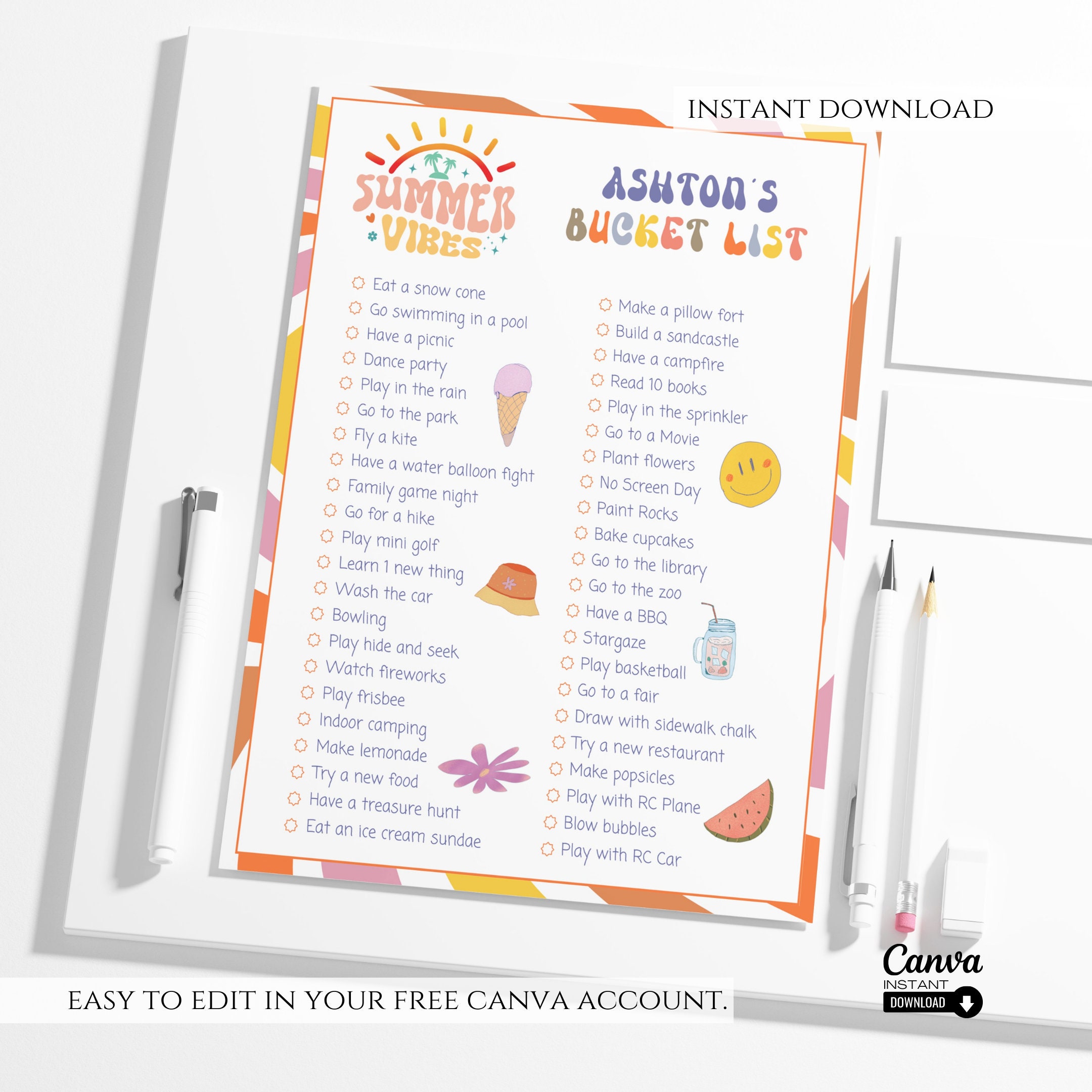 Editable Summer Bucket List, Printable Summer to Do List, Summer ...