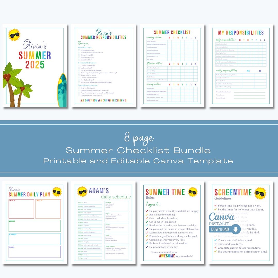 Editable Summer Daily Checklist for Kids, Printable Kids Routine Chart ...