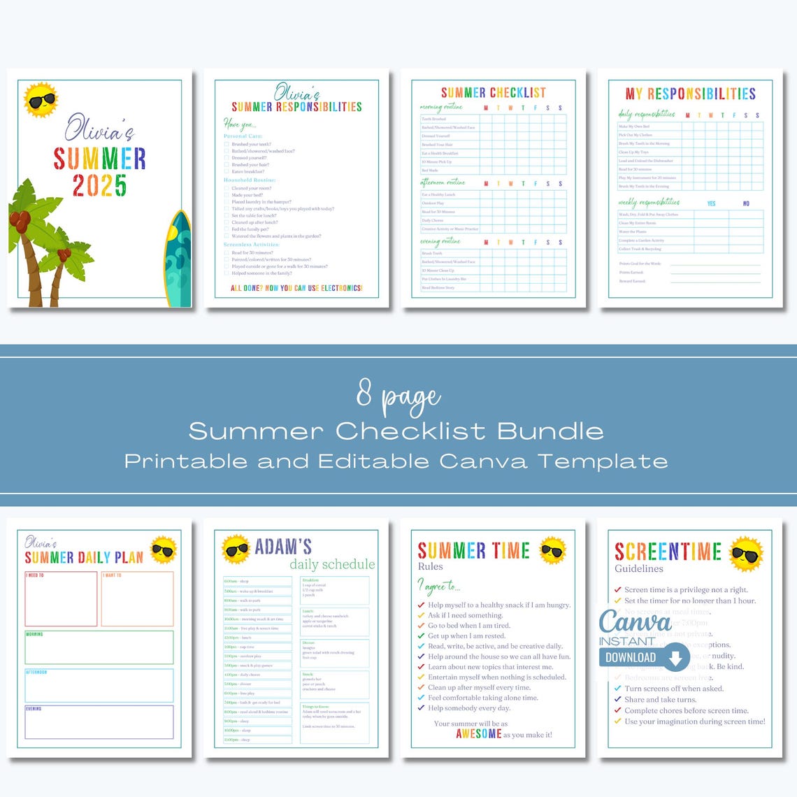 Editable Summer Daily Checklist for Kids, Printable Kids Routine Chart ...