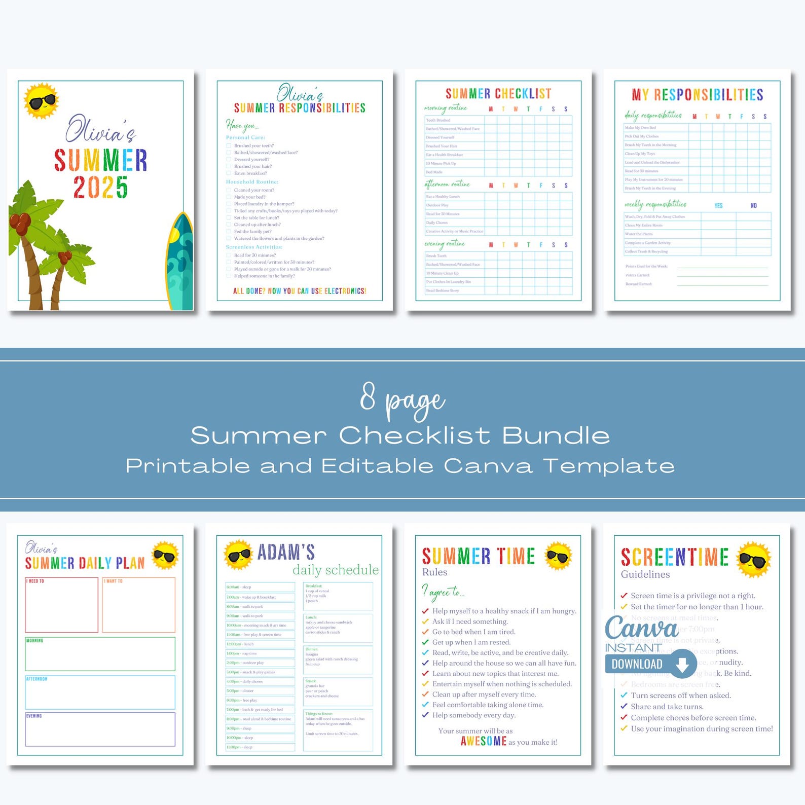 Editable Summer Checklist Bundle for Kids: Routine & Chore Chart ...