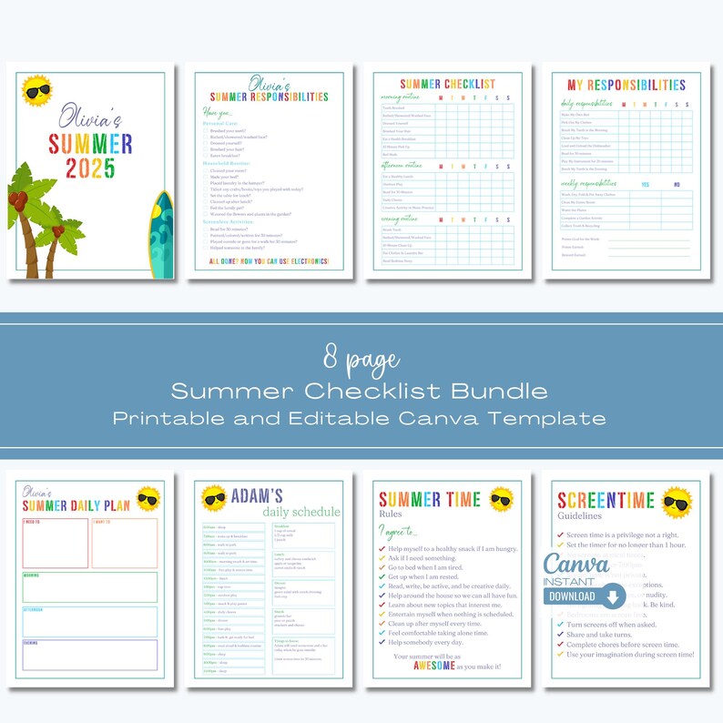 Editable Summer Daily Checklist for Kids, Printable Kids Routine Chart ...