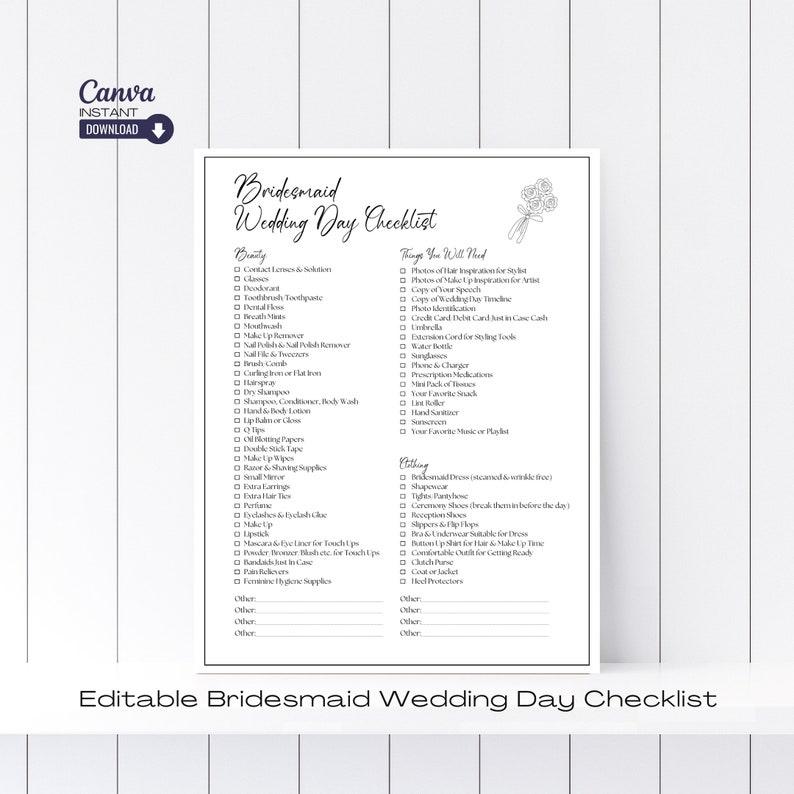 Editable Bridesmaid Wedding Day Checklist: Printable Bridal Party Info ...