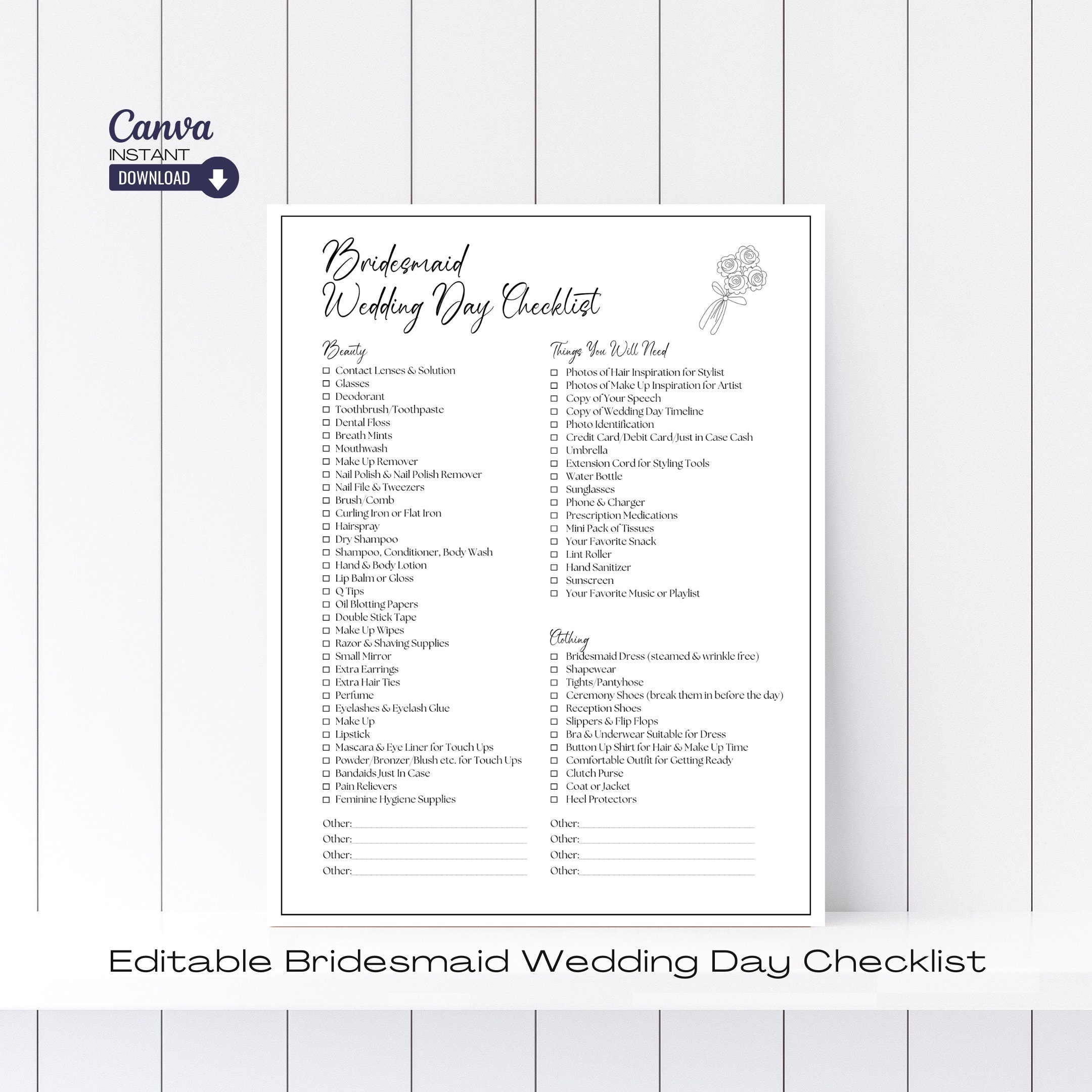 Editable Bridesmaid Wedding Day Checklist: Printable Bridal Party Info ...