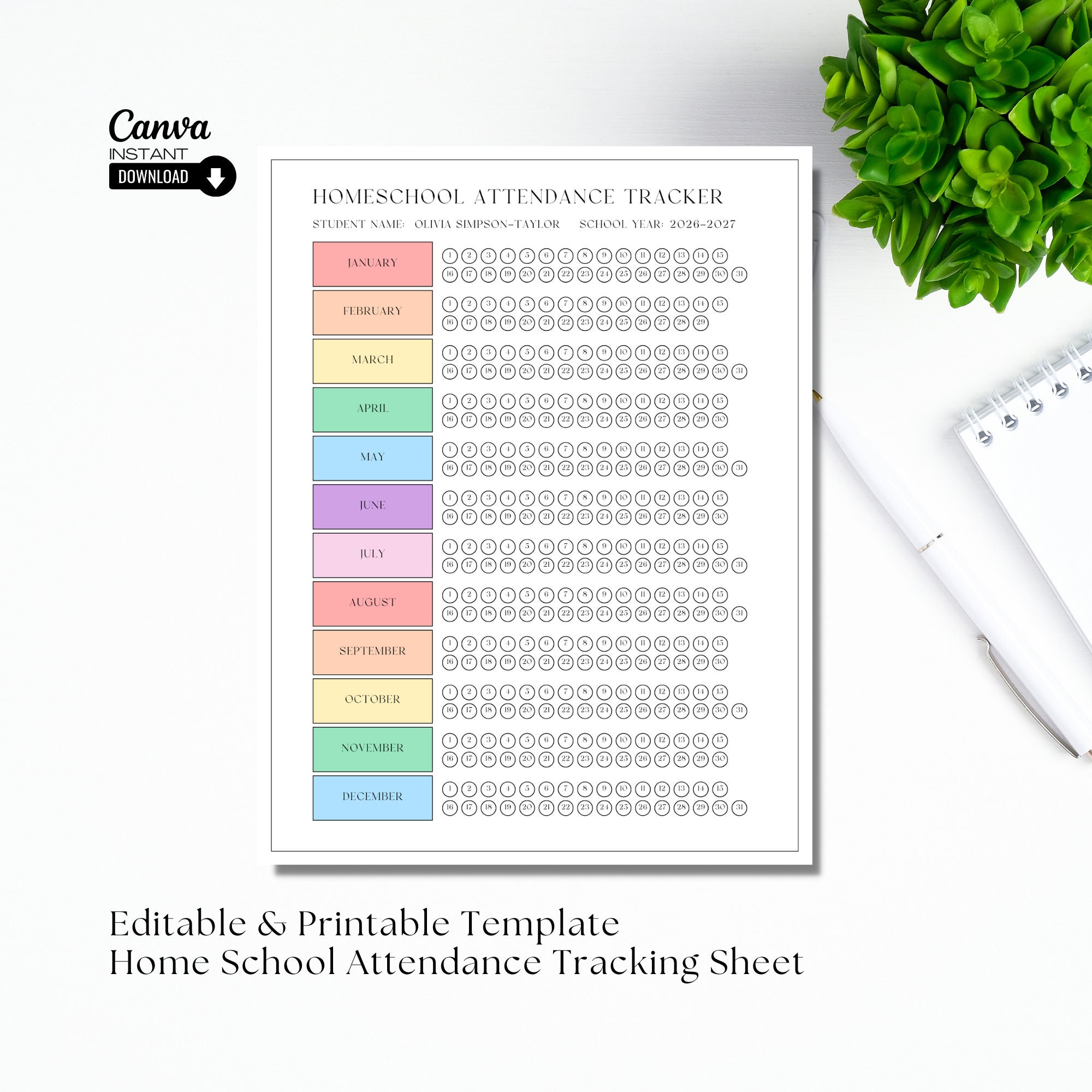 Editable Homeschool Attendance Tracker: Printable Student Record (PDF ...