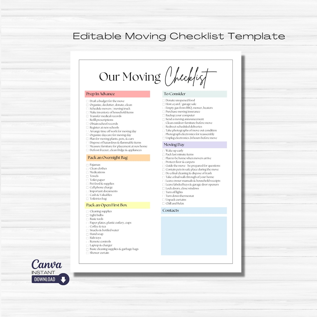 Editable Moving Checklist Printable: Relocation Planner (digital Download) - Etsy