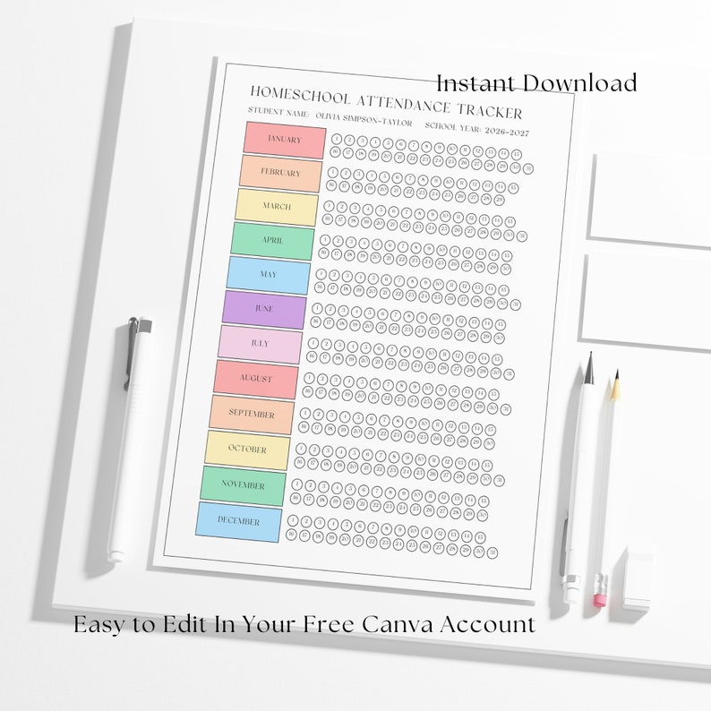 Editable Homeschool Attendance Log Template, Printable Home School ...