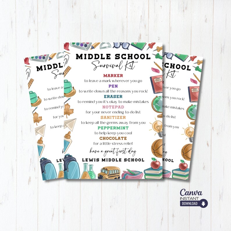 Editable Middle School Survival Kit Template, Printable Student ...