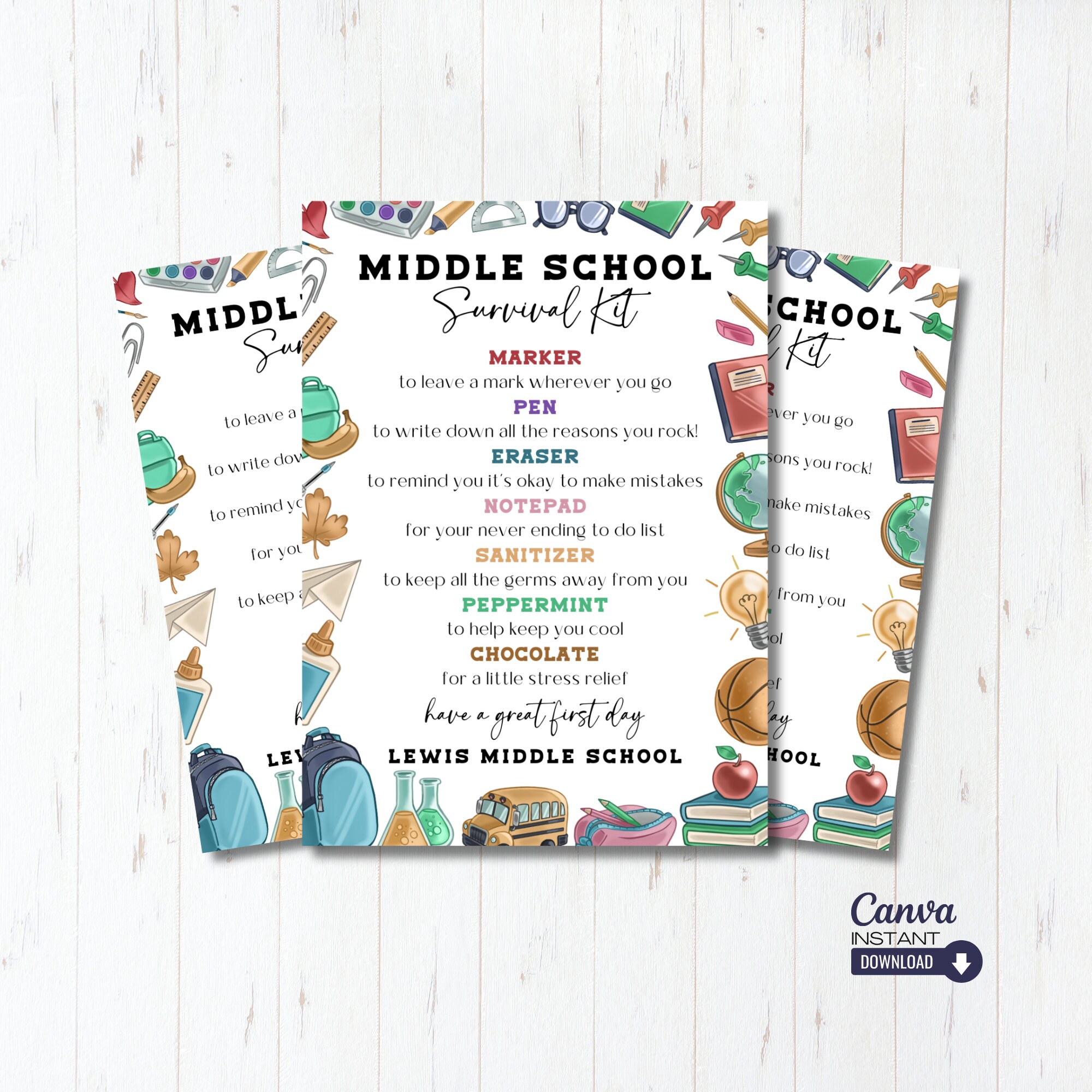 Editable Middle School Survival Kit Template, Printable Student ...