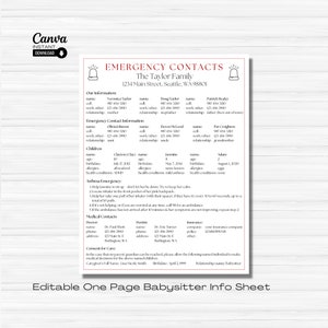 Editable Childcare Notes, Printable Babysitter Important Info Page ...