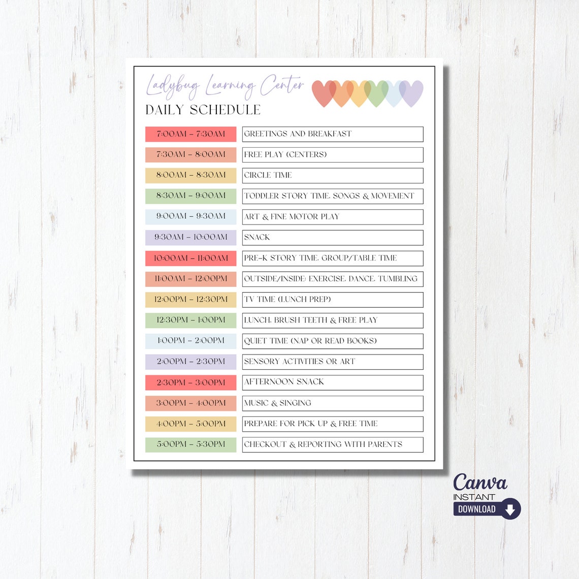 Editable Daily Daycare Schedule Template, Printable Home Daycare Form ...