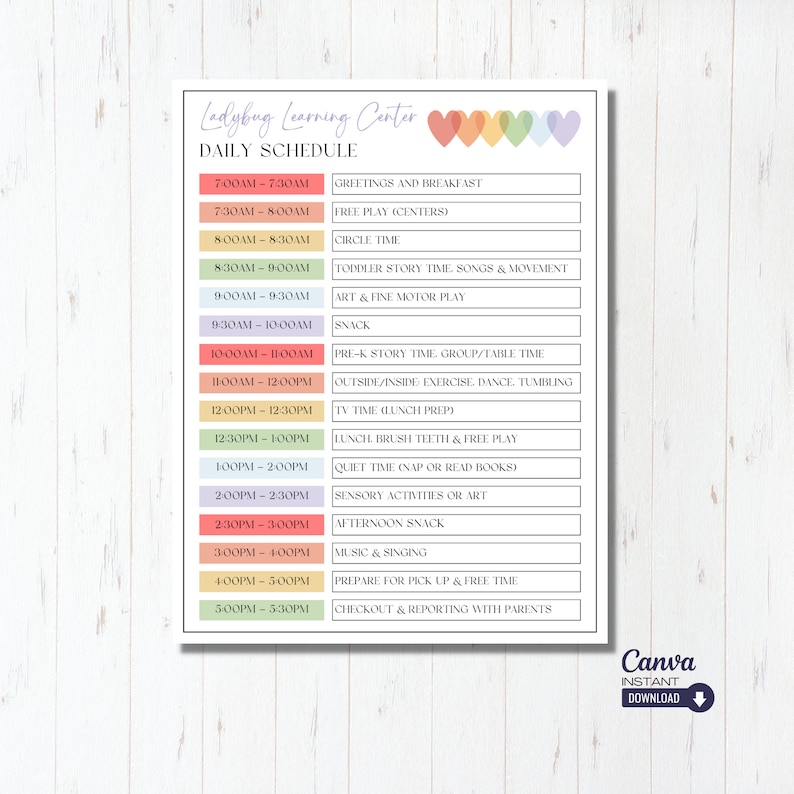 Editable Daily Daycare Schedule Template, Printable Home Daycare Form ...