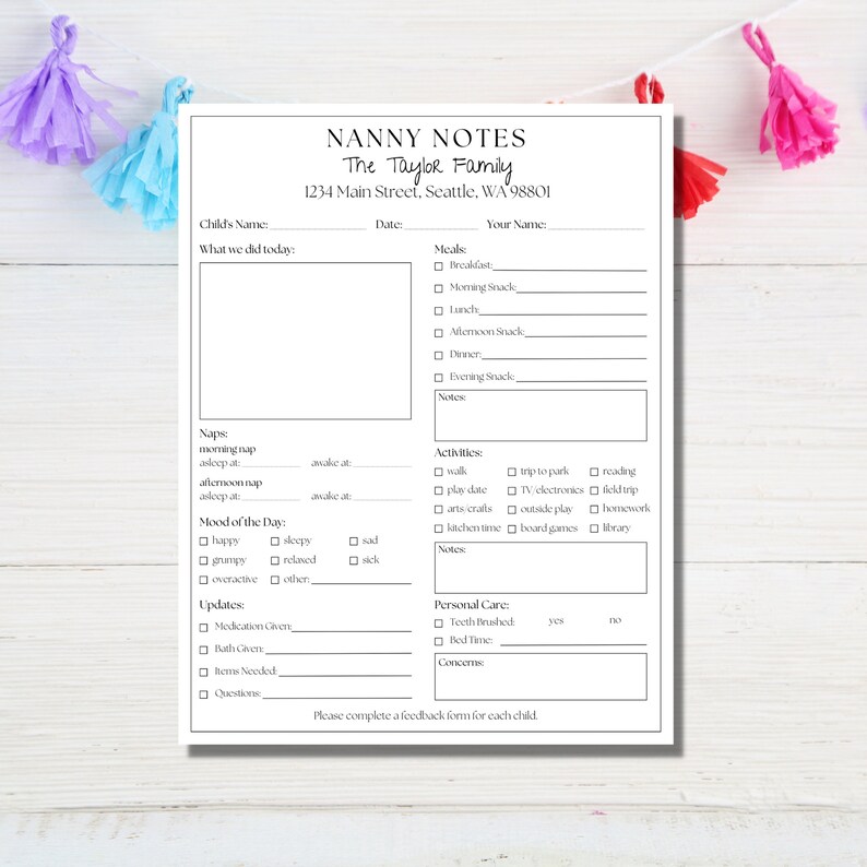 Nanny Notes Printable, Editable Babysitter Notes Form, Nanny Log ...