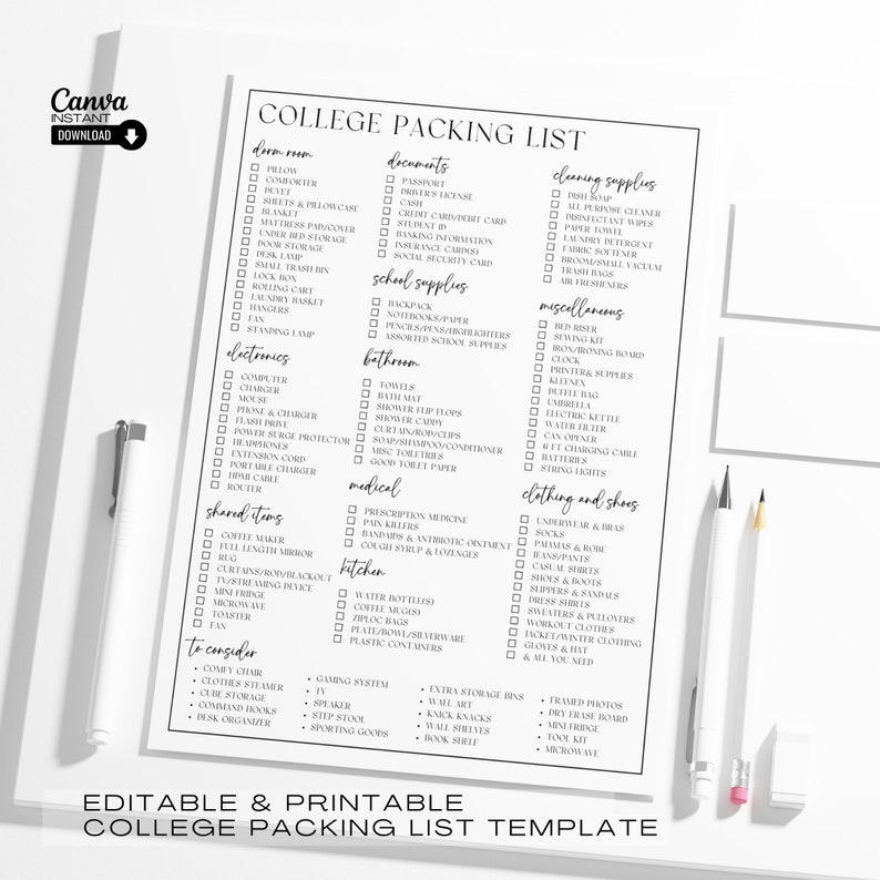 Editable College Packing List Template, Back to School Moving List ...