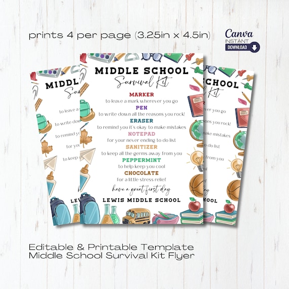 Grade School Survival Kit Editable Middle School Survival Kit