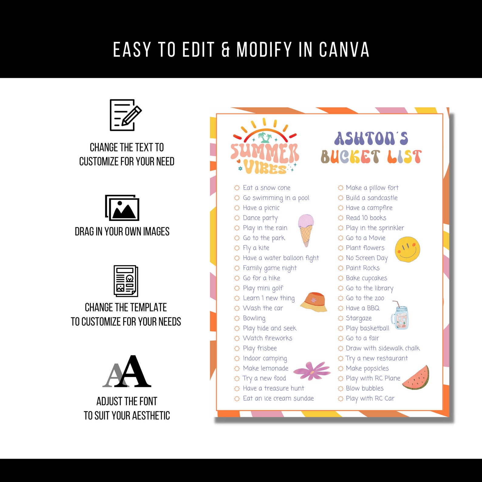 Editable Summer Bucket List, Printable Summer to Do List, Summer ...