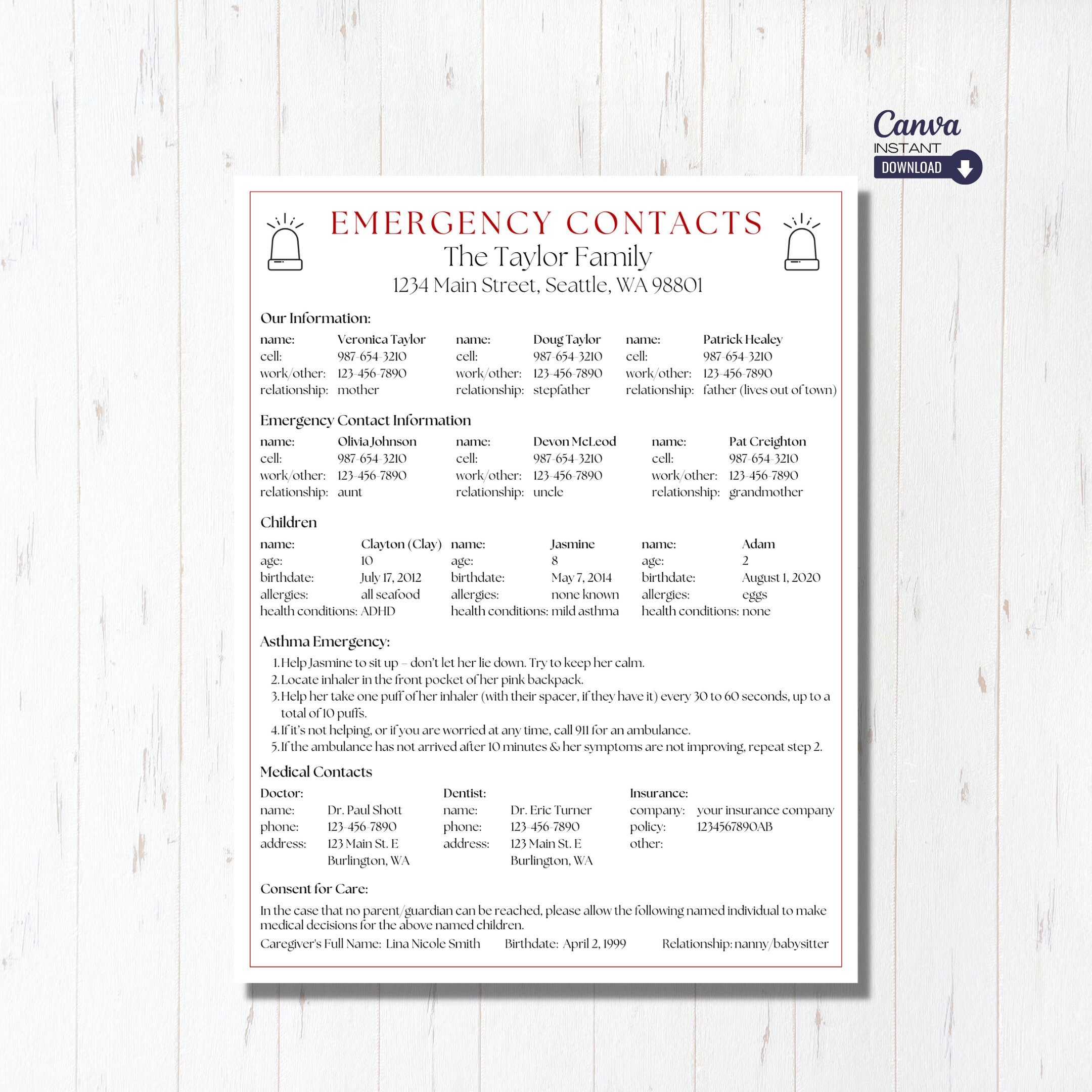 Editable Emergency Contact Sheet, Babysitter Information Sheet ...