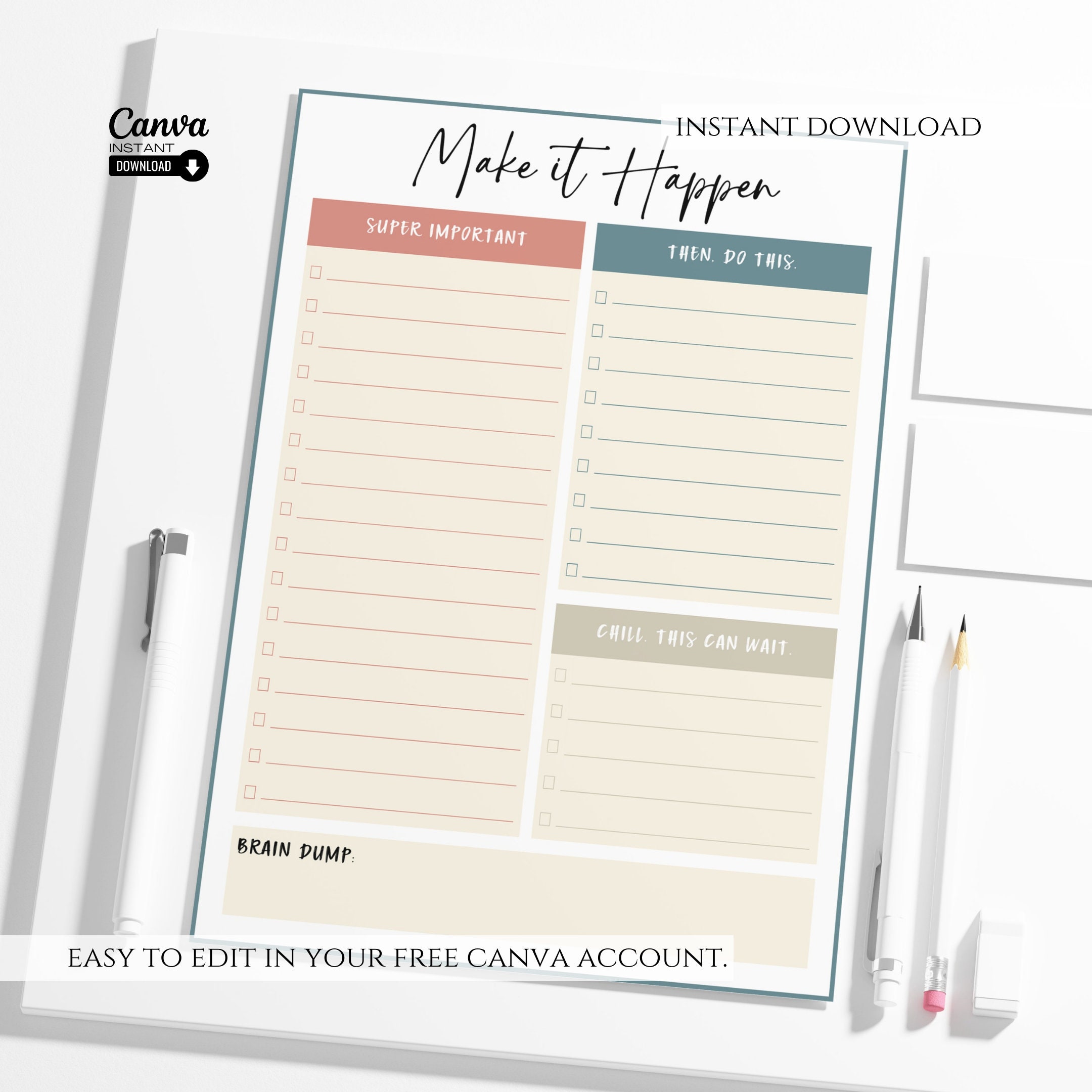 Editable Daily to Do Checklist Template, Printable Productivity Planner ...