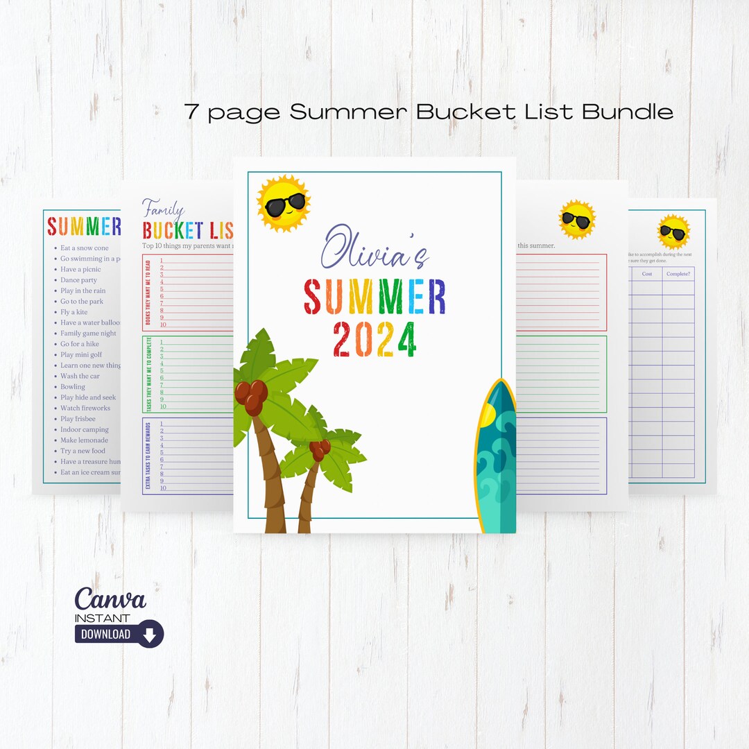 Editable Summer Bucket List Planner, Printable Summer Organizer, Summer ...