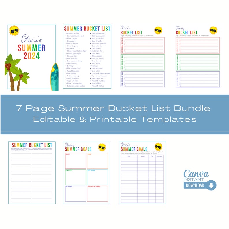 Editable Summer Bucket List Planner Templates, Printable Summer ...