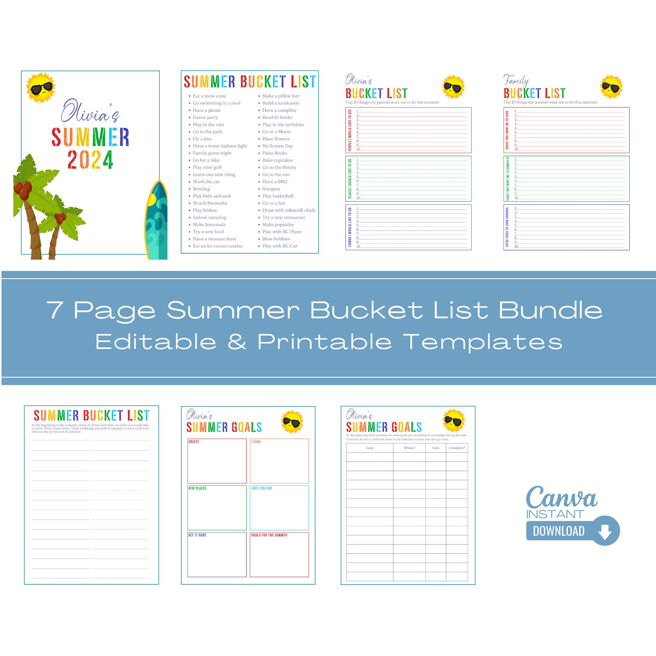 Editable Summer Bucket List Planner Templates, Printable Summer ...