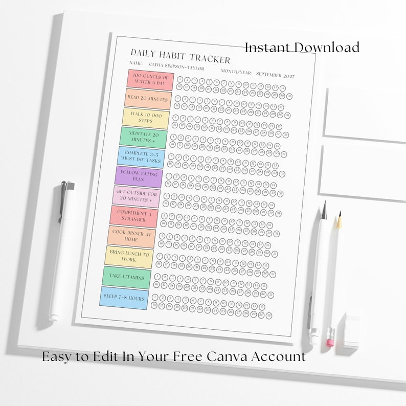 Printable Habit Tracker: Daily Wellness Planner (canva & PDF) - Etsy