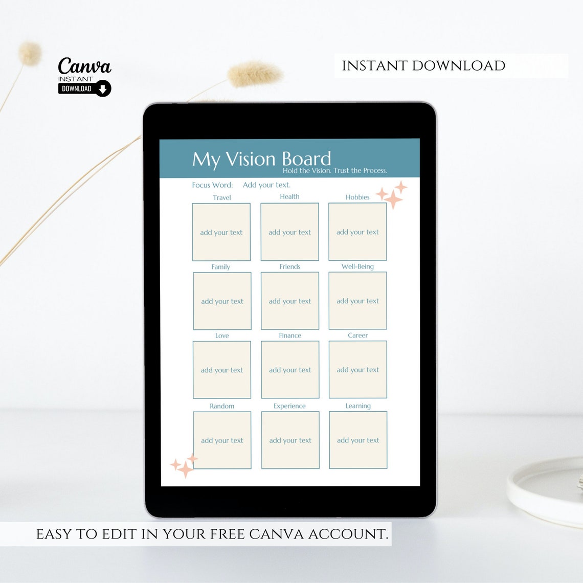Editable Vision Board Template, Printable Vision Board, Digital Vision ...