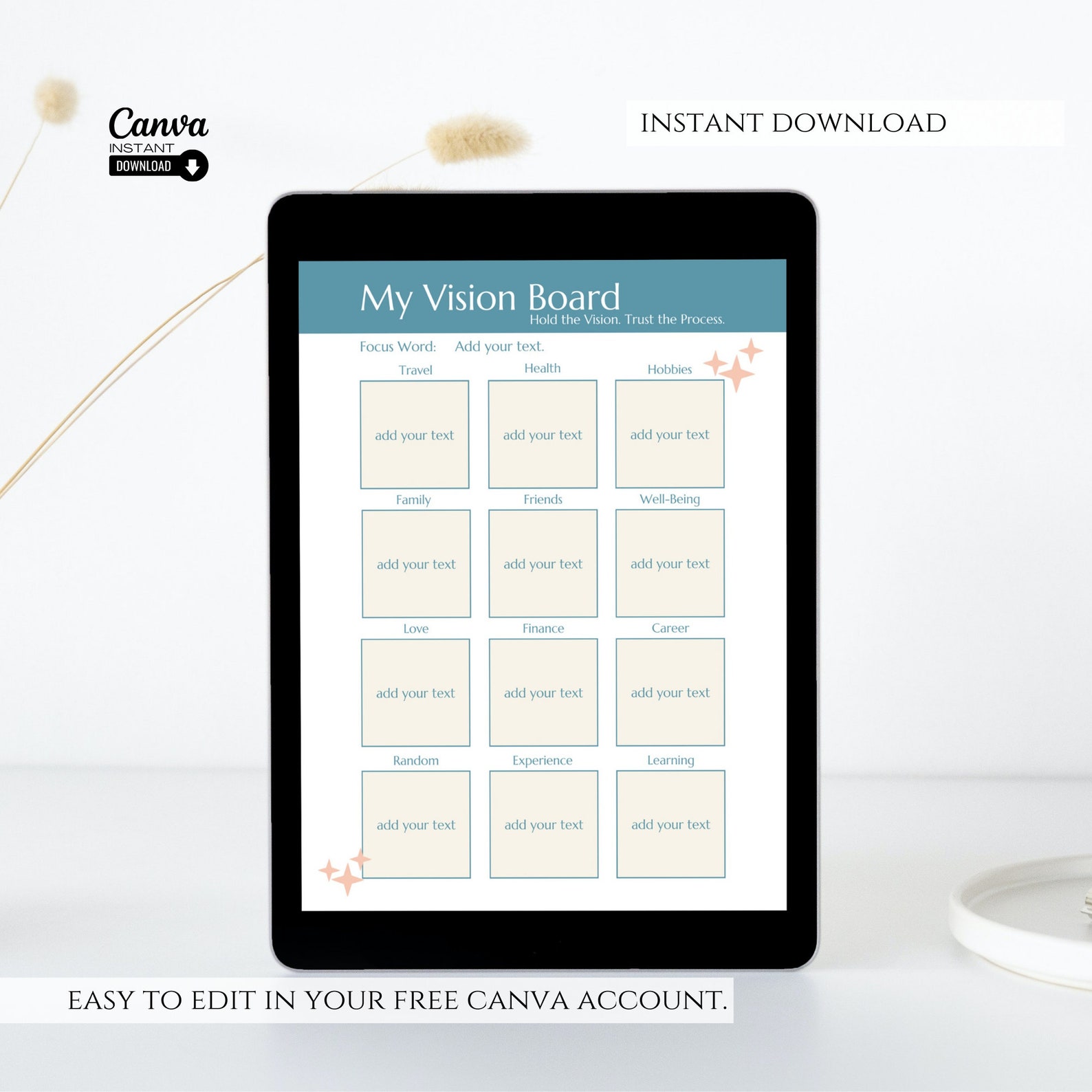 Editable Vision Board Template, Printable Vision Board, Digital Vision ...