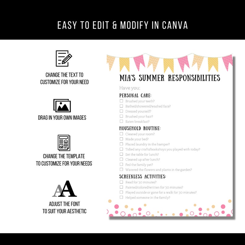 Kids Summer Chore and Activity Chart, Summer Rules Printable, Editable ...